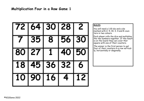 Y3 Multiplication Facts Four in a Row Game | Teaching Resources