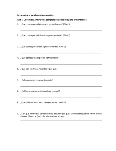 La comida y la salud questions practice | Teaching Resources