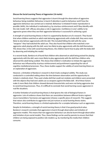 Social Learning Theory of Aggression Essay 16 Mark Model Answer AQA ...