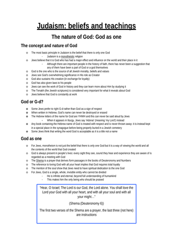 Revision Notes- Judaism, Beliefs + Teachings | Teaching Resources