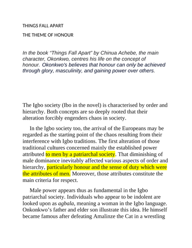 THE THEME OF HONOUR IN THINGS FALL APART - GCSE ENGLISH LITERATURE ...