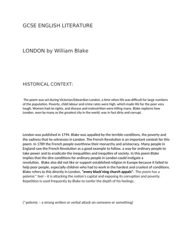 gcse analysis of the poem London - power and conflict anthology English ...