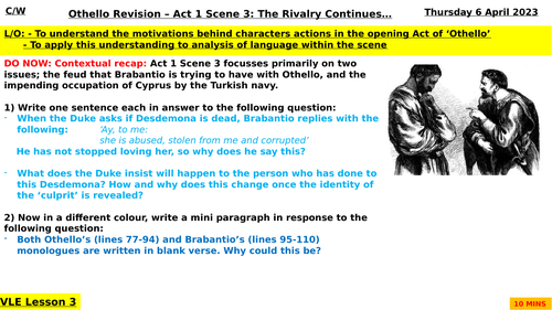 Othello Act 1 Scene 3 Revision (Independent Learning) | Teaching Resources