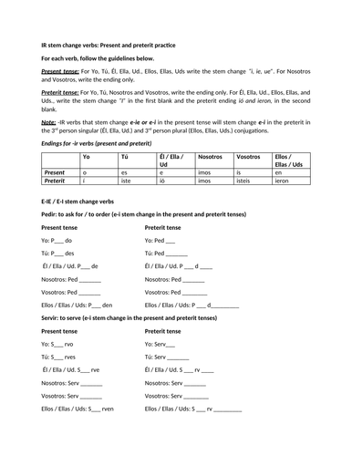 IR stem change verbs: Present and preterit practice | Teaching Resources