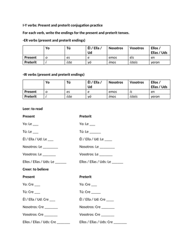 I-Y verbs: Present and preterit conjugation practice | Teaching Resources