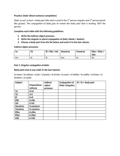 Practice: Doler (Short sentence completion) | Teaching Resources