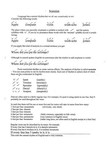 Scansion notes and worksheet | Teaching Resources