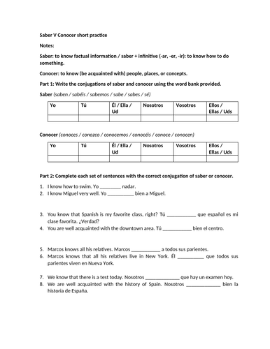 Saber V Conocer short practice | Teaching Resources