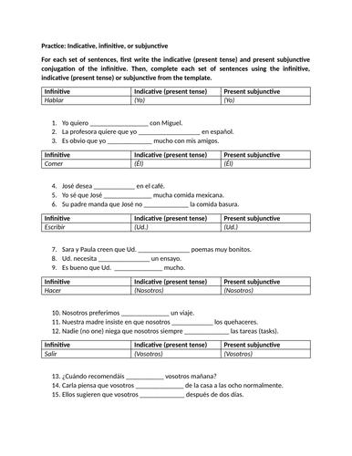 Practice: Indicative, infinitive, or subjunctive | Teaching Resources
