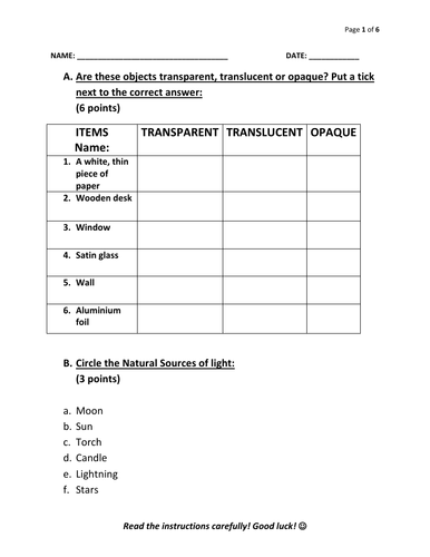 SCIENCE TEST - LIGHT AND SHADOWS | Teaching Resources