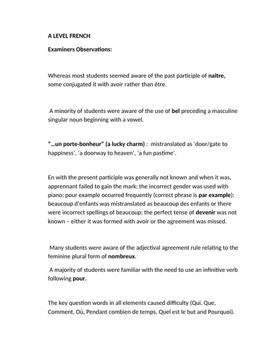 A LEVEL FRENCH revision sheet - avoid common mistakes - extracts of ...