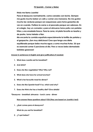 Spanish food preferences worksheet | Teaching Resources