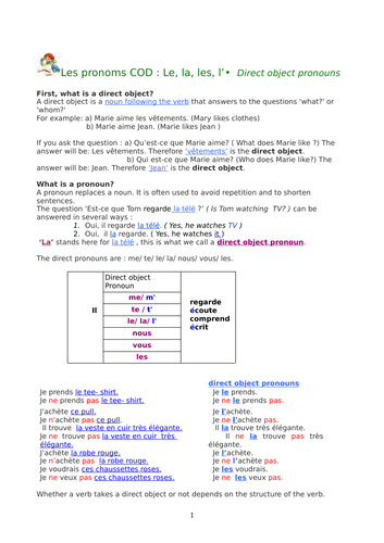 Pronoms COD COI Lesson + exercises KS3 KS4 KS5 | Teaching Resources