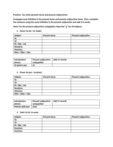 Practice: -Go verbs (present tense and present subjunctive) | Teaching ...