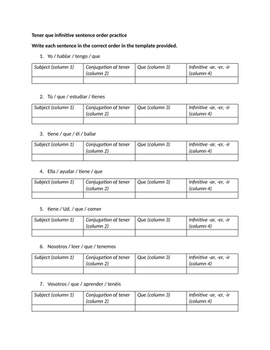 Tener que infinitive sentence order practice | Teaching Resources