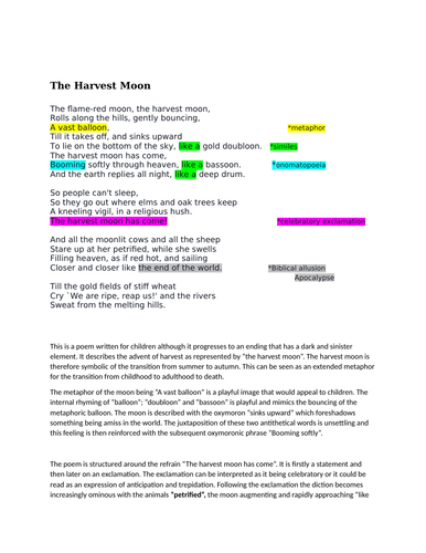 Ted Hughes' poem "The Harvest Moon" CIE iGCSE ENGLISH LITERATURE ...