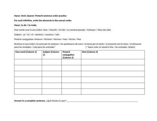 Hacer, Venir, Querer: Preterit sentence order practice | Teaching Resources