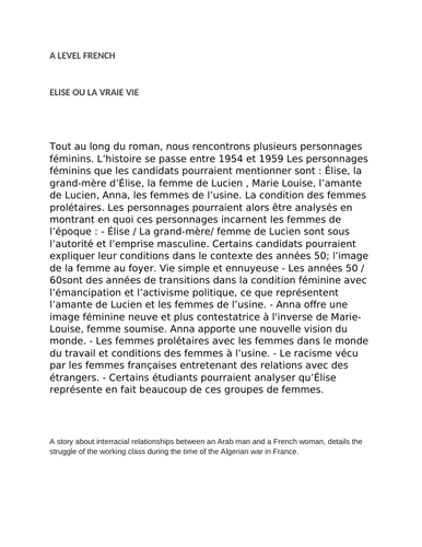 A LEVEL FRENCH "ELISE OU LA VRAIE VIE" revision notes | Teaching Resources