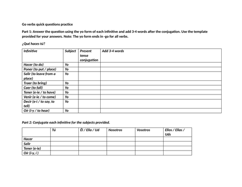 Go verbs quick questions practice | Teaching Resources