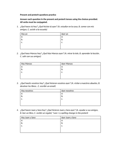 Present and preterit questions practice | Teaching Resources