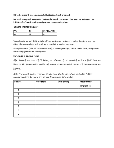 ER verbs present tense paragraph (Subject and verb practice) | Teaching ...