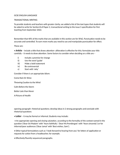 Guidance Notes on Transactional Writing ENGLISH LANGUAGE GCSE ... Guidance Notes on Transactional Writing ENGLISH LANGUAGE GCSE ...