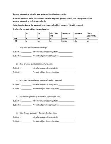 Present Subjunctive Introductory Sentence Identification Practice