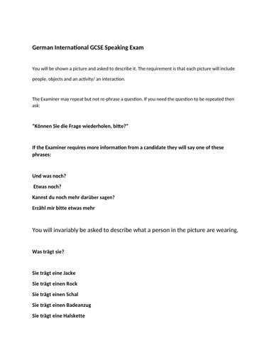 HELP SHEET FOR GERMAN GCSE SPEAKING EXAM - some suggested answers ...