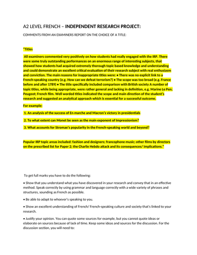 Guidance Notes on French A level Independent Research Project ...