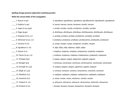 Spelling change present subjunctive matching practice | Teaching Resources
