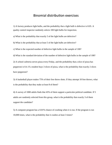 Binomial Distribution Exercises Teaching Resources
