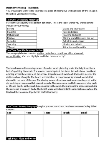 KS3 English Cover: The Beach Descriptive Writing | Teaching Resources