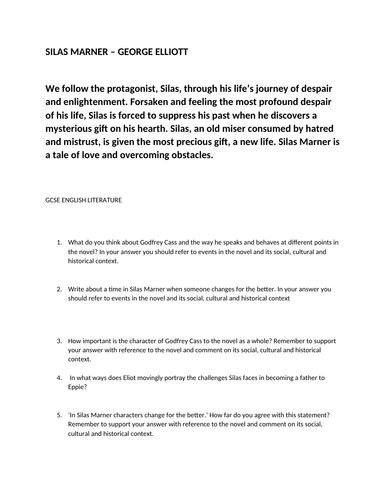 GCSE ENGLISH LITERATURE - a bank of essay questions on Silas Marner ...