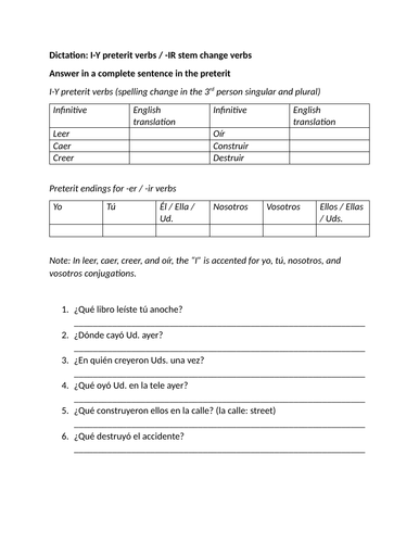 I-Y preterit and -ir stem change preterit questions | Teaching Resources