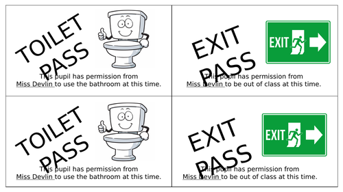Exit / Toilet Pass | Teaching Resources