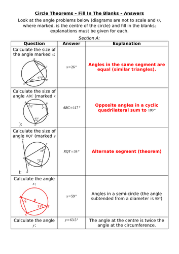 Circle Theorems - Fill In The Blanks | Teaching Resources