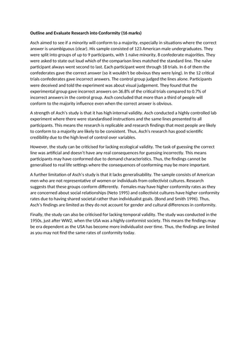 Research into Conformity Social Influence Essay 16 Mark Model Answer ...