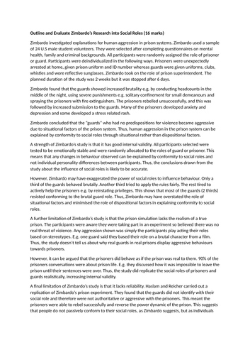 Zimbardo's Research Conformity Social Influence Essay 16 Mark Model ...