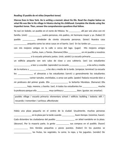 Reading: El pueblo de mi niñez (Imperfect tense) | Teaching Resources