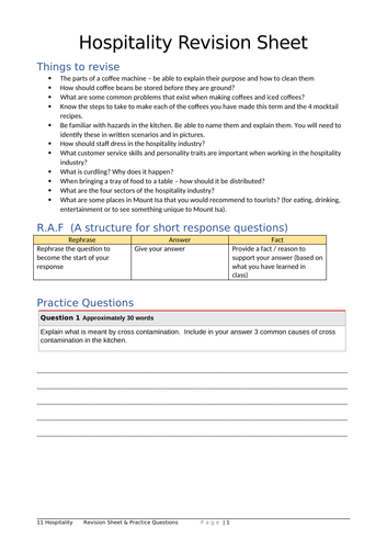 Hospitality Studies – introduction to hospitality exam revision sheet ...