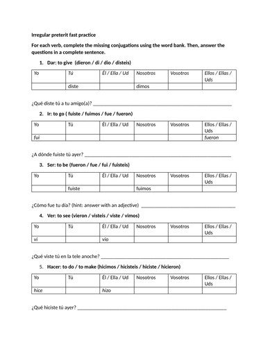 Irregular preterit fast practice | Teaching Resources