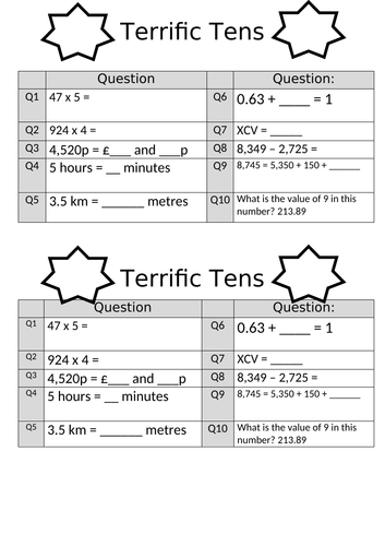Year 5 Arithmetic Daily Terrific Tens | Teaching Resources