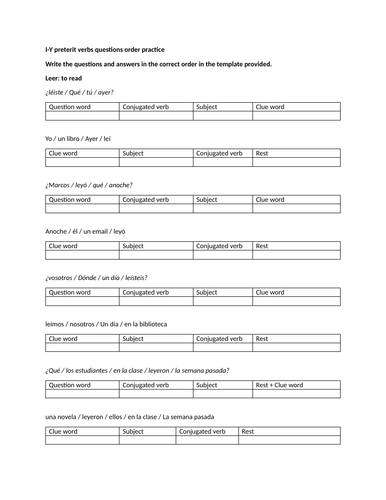 I-Y preterit verbs questions order practice | Teaching Resources