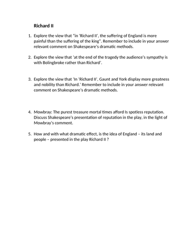 A LEVEL ENGLISH LITERATURE RICHARD II - a bank of essay questions ...