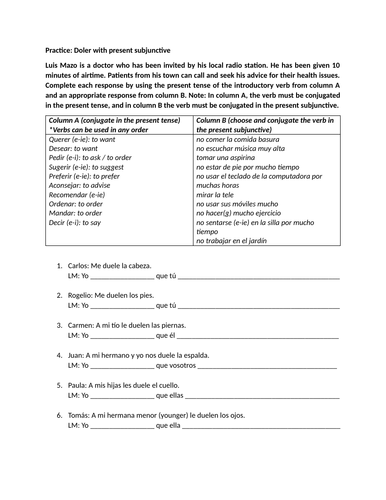 Practice Doler With Present Subjunctive Teaching Resources