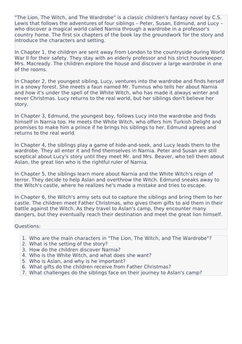 The Lion, The Witch and The Wardrobe Comprehension Chapters 1-6 ...