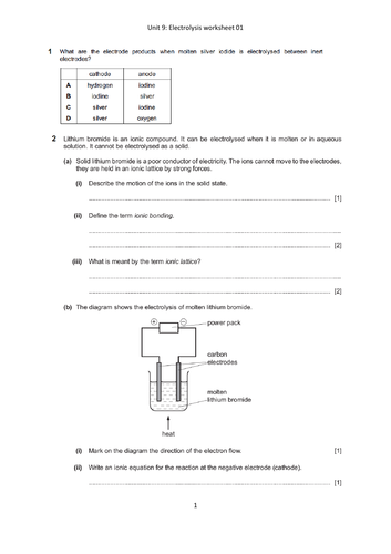 Igcse Chemistry Unit 9 Electrolysis Teaching Resources