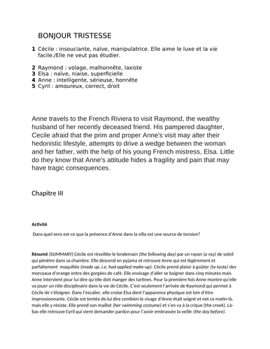 TEACHING RESOURCE Bonjour Tristesse A LEVEL FRENCH | Teaching Resources