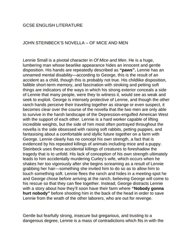 Revision Notes the character of Lennie Small "Of Mice and Men" GCSE ...