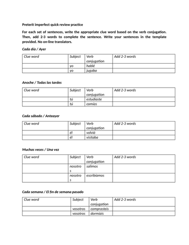 Preterit imperfect quick review practice | Teaching Resources